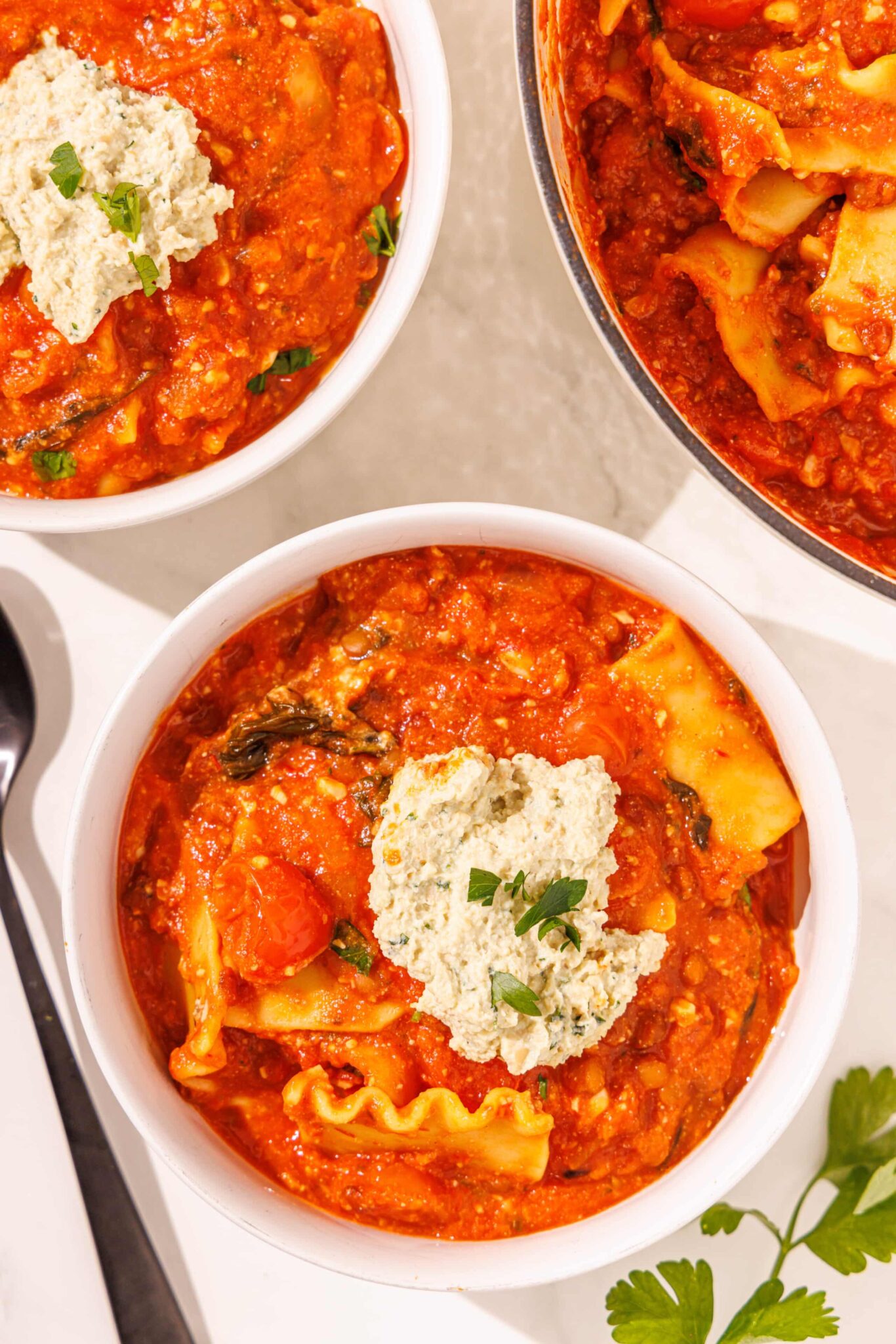 Lasagna Soup (with vegan ricotta and garlic knots!) - HealthyGirl Kitchen